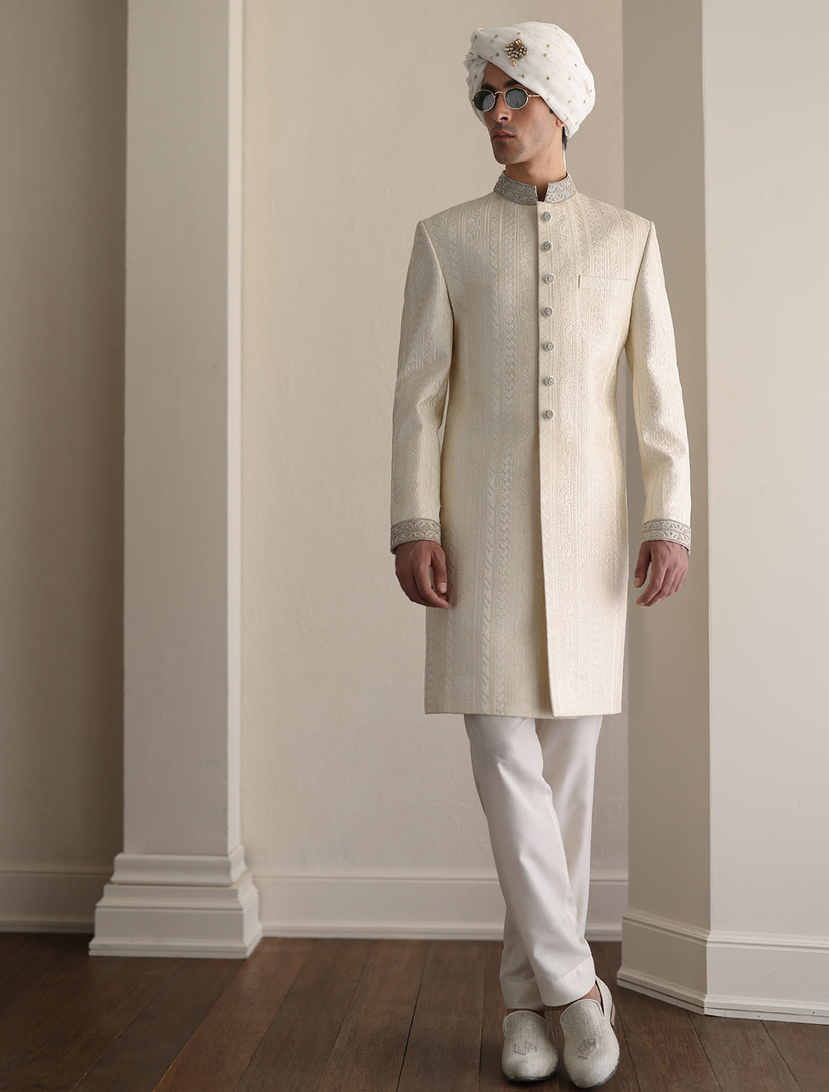 Pakistani Groom Dress in Embroidered Sherwani Style – Nameera by Farooq