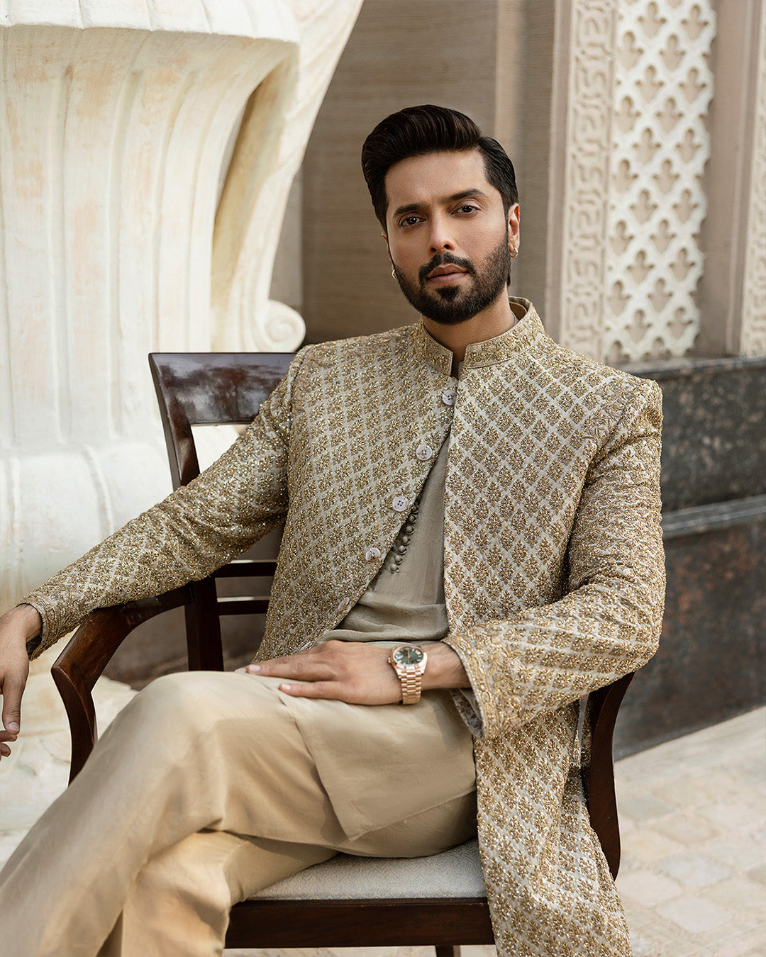Pakistani Groom Dress in Gold Karandi Sherwani Style – Nameera by Farooq