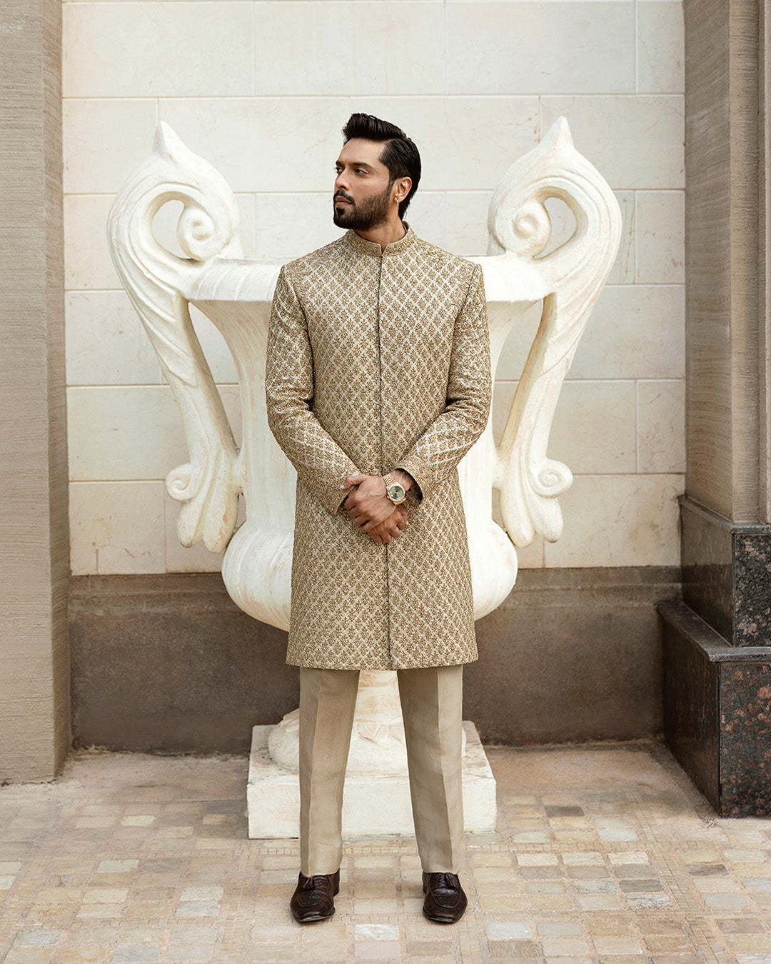 Pakistani Groom Dress in Gold Karandi Sherwani Style – Nameera by Farooq