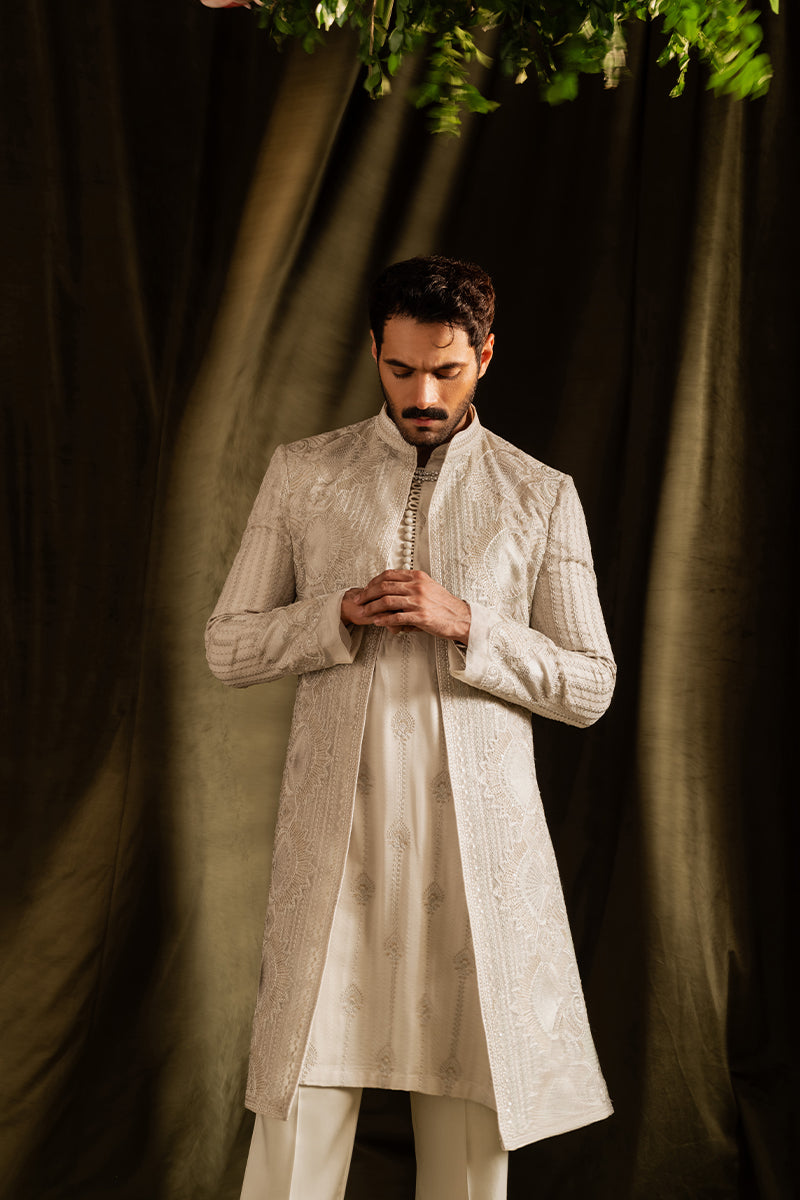 Pakistani Groom Dress in Off-white Open Sherwani Style – Nameera by Farooq