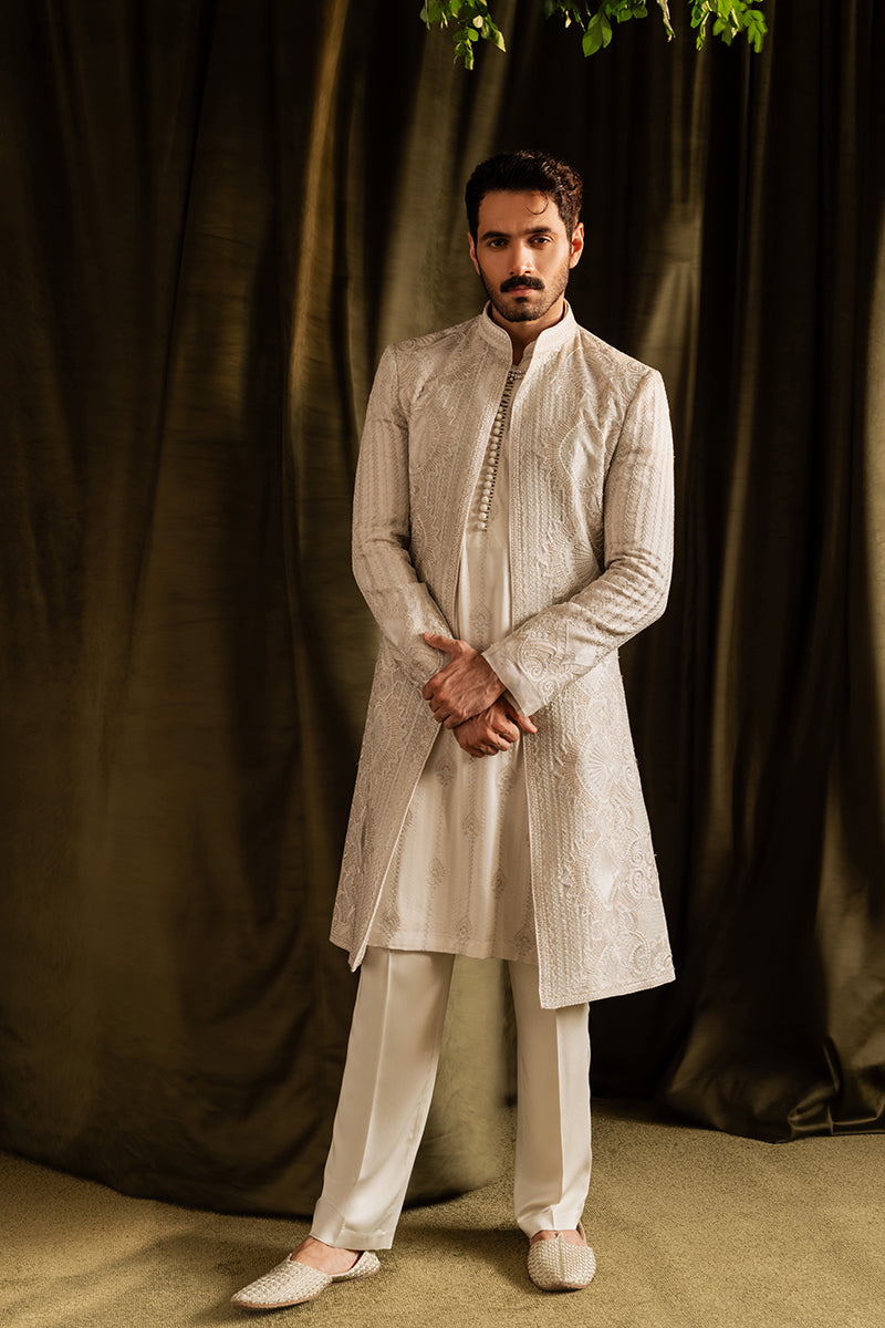 Pakistani Groom Dress in Off-white Open Sherwani Style – Nameera by Farooq