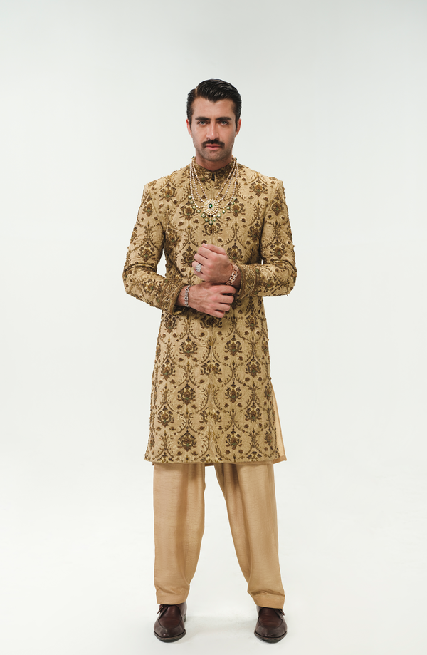 Pakistani Groom Dress in Traditional Sherwani Style – Nameera by Farooq