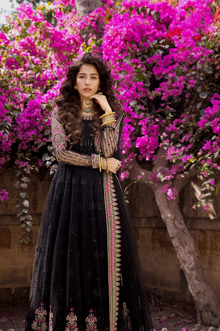 Black Chiffon Long Pishwas Pakistani Party Dresses – Nameera by Farooq