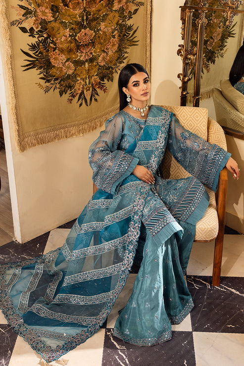 Blue Pakistani Party Dress in Kameez and Sharara Style – Nameera by Farooq