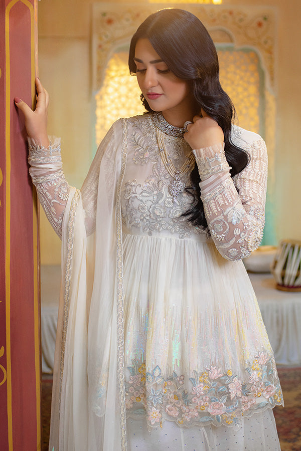 Pakistani Party Dress in Short Frock and Sharara Style – Nameera by Farooq