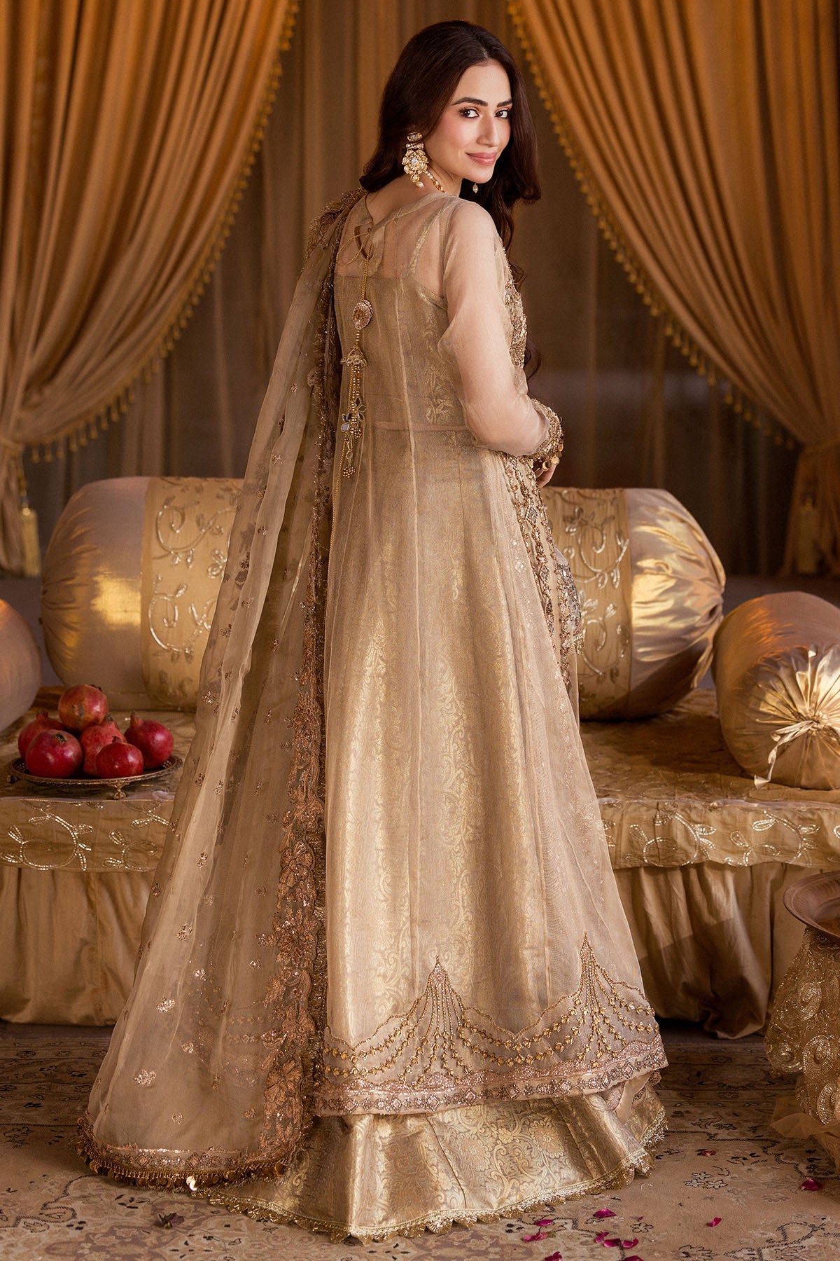 Pakistani Wedding Dress in Gold Open Gown Lehenga Style – Nameera by Farooq