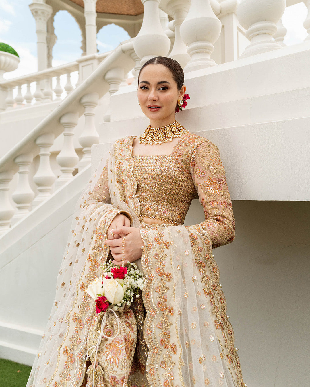 Pakistani Wedding Dress in Gold Choli Lehenga Style – Nameera by Farooq