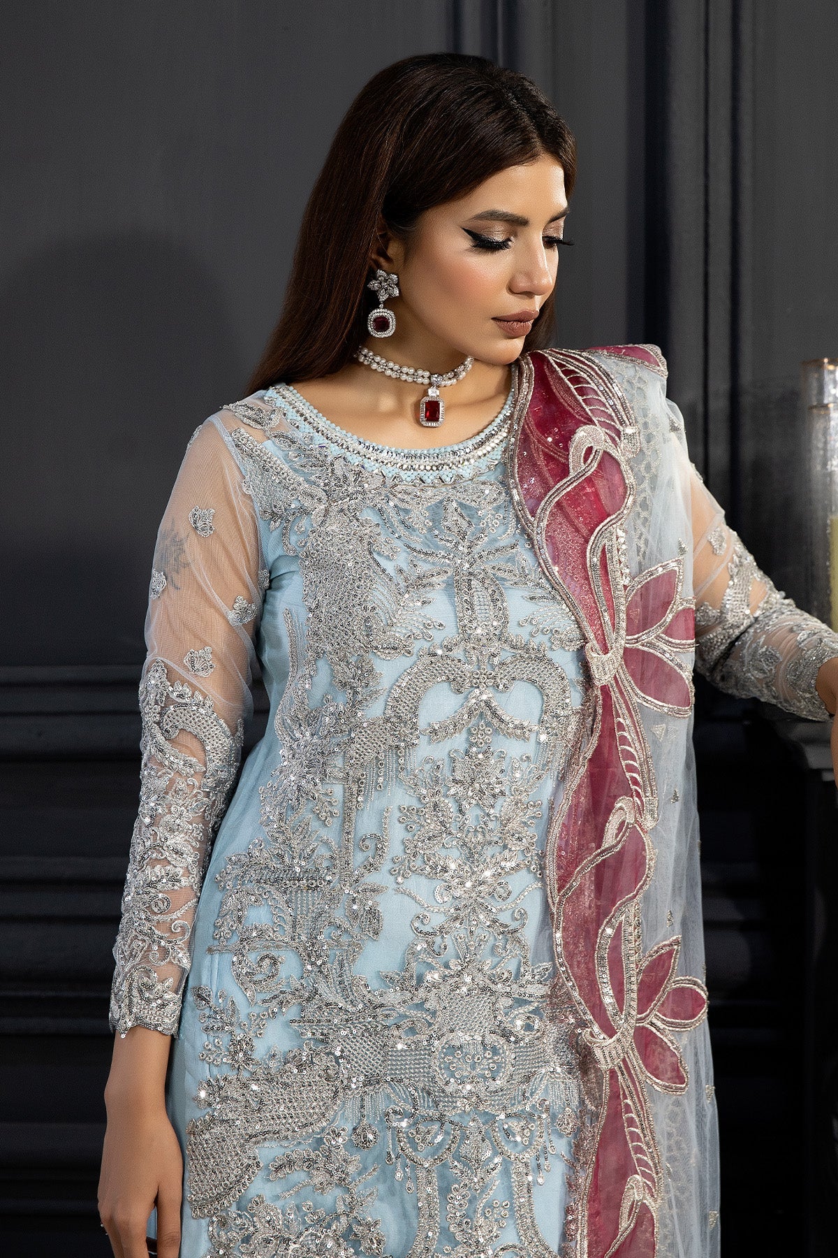 Blue Pakistani Wedding Dress in Kameez Sharara Style – Nameera by Farooq