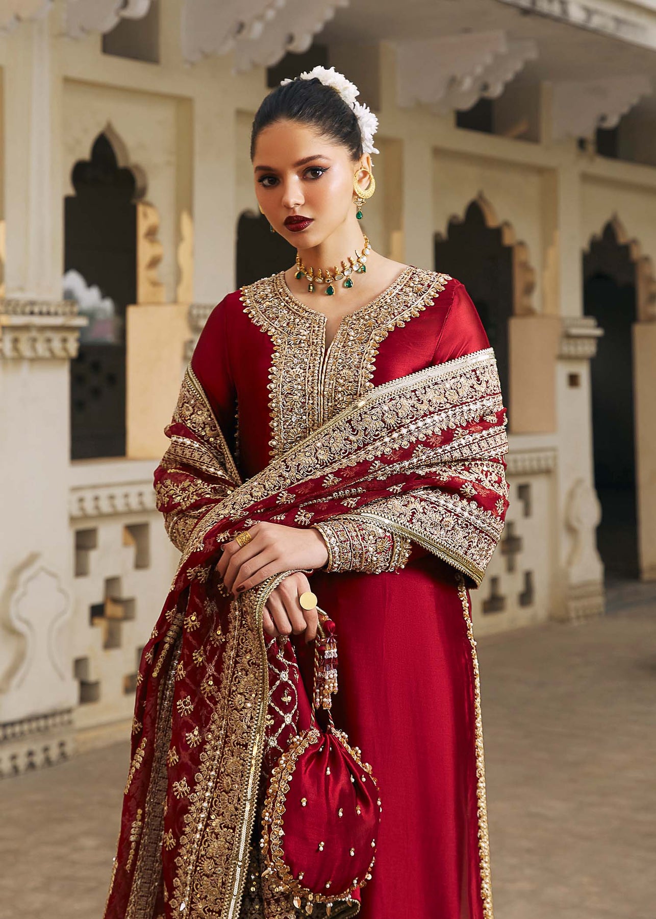 Red Pakistani Wedding Dress in Kameez Churidar Style – Nameera by Farooq