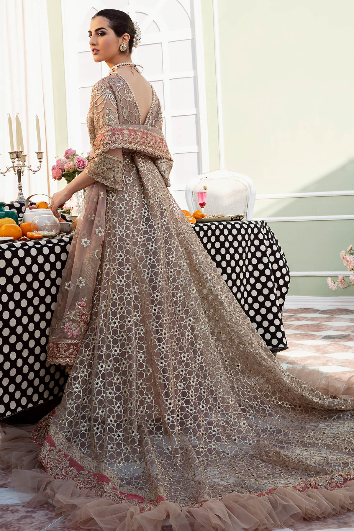 Pakistani Wedding Dress in Long Tail Pishwas Style – Nameera by Farooq