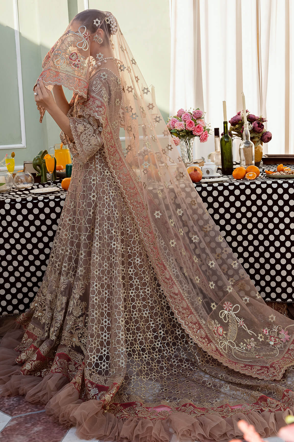 Pakistani Wedding Dress in Long Tail Pishwas Style – Nameera by Farooq