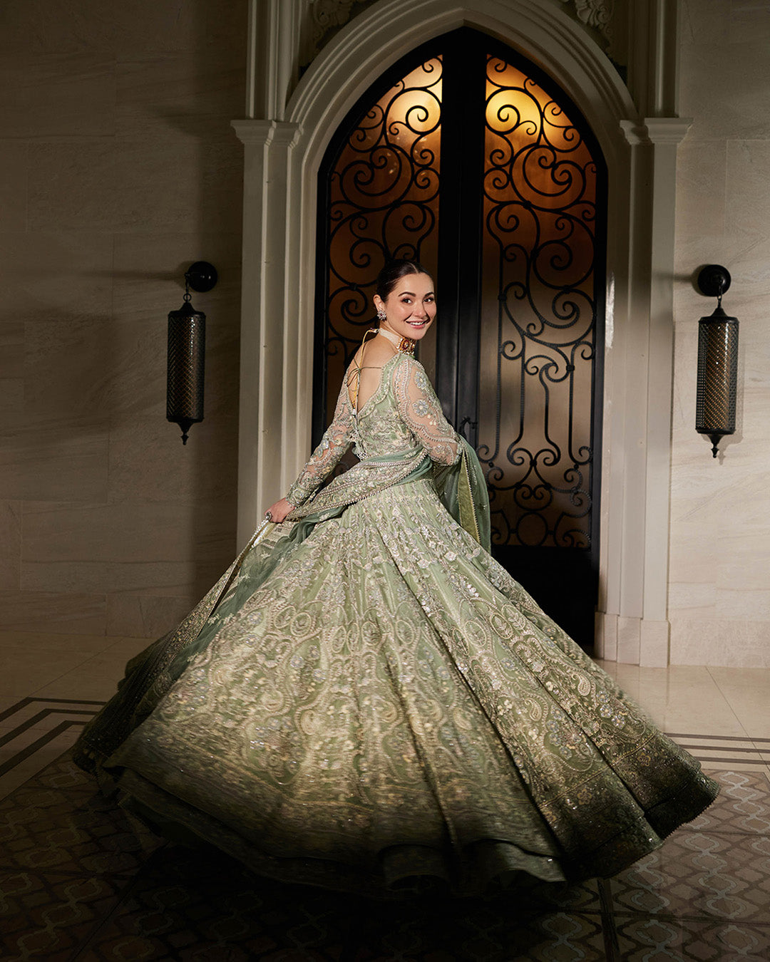 Pakistani Wedding Dress in Mint Green Pishwas Style – Nameera by Farooq