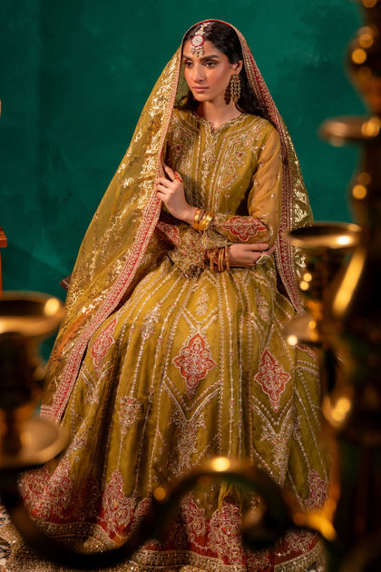 Pakistani Wedding Dress in Mustard Green Pishwas Style – Nameera by Farooq