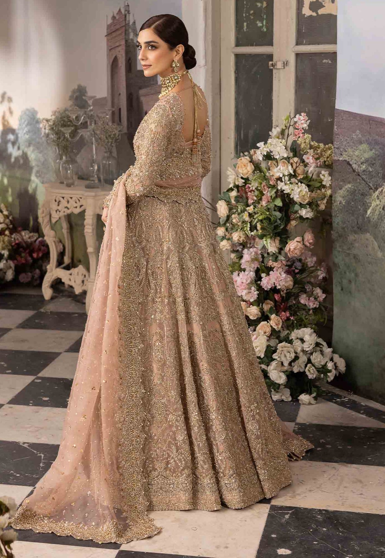 Pakistani Wedding Dress in Open Gown and Lehenga Style – Nameera by Farooq