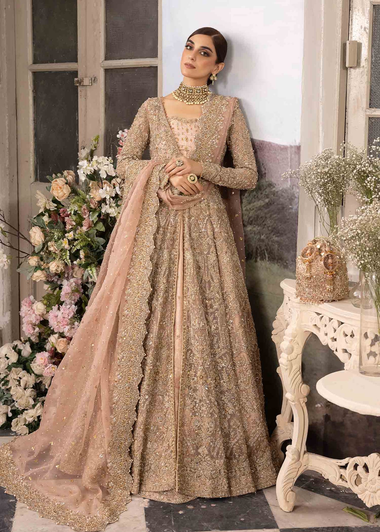 Pakistani Wedding Dress in Open Gown and Lehenga Style – Nameera by Farooq