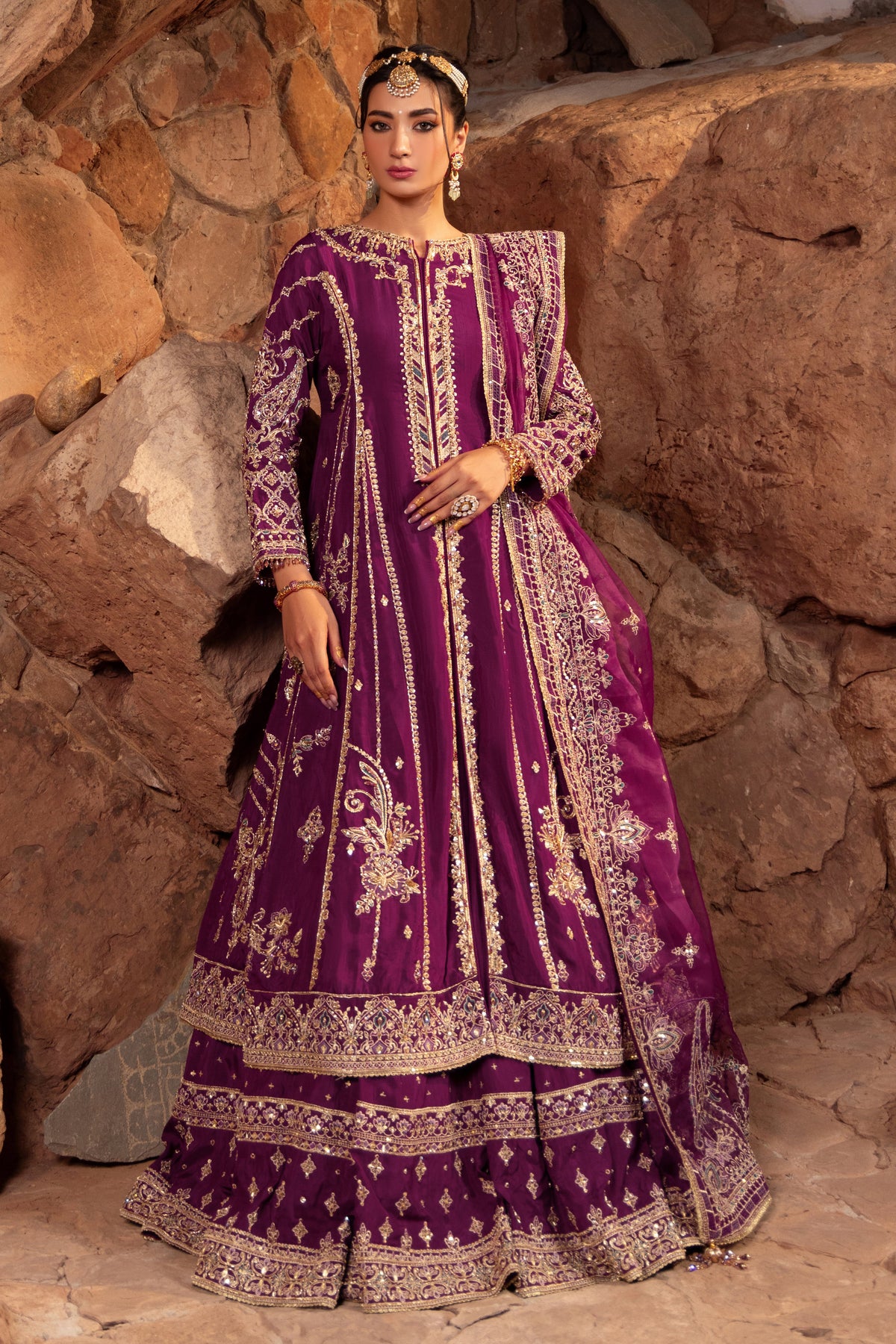Pakistani Bridal Dress Violet Color Front open frock – Nameera by Farooq