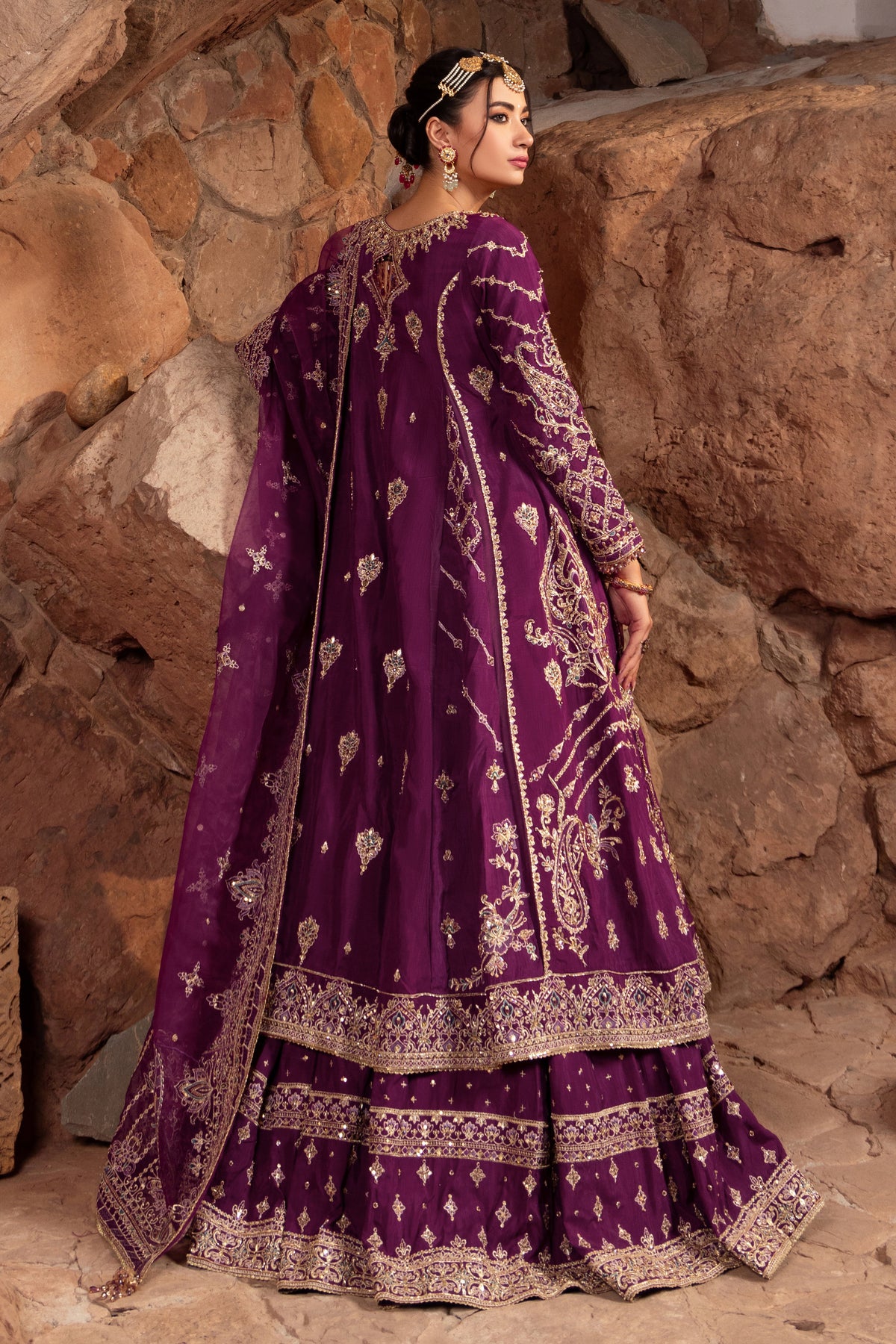 Pakistani Bridal Dress Violet Color Front open frock – Nameera by Farooq