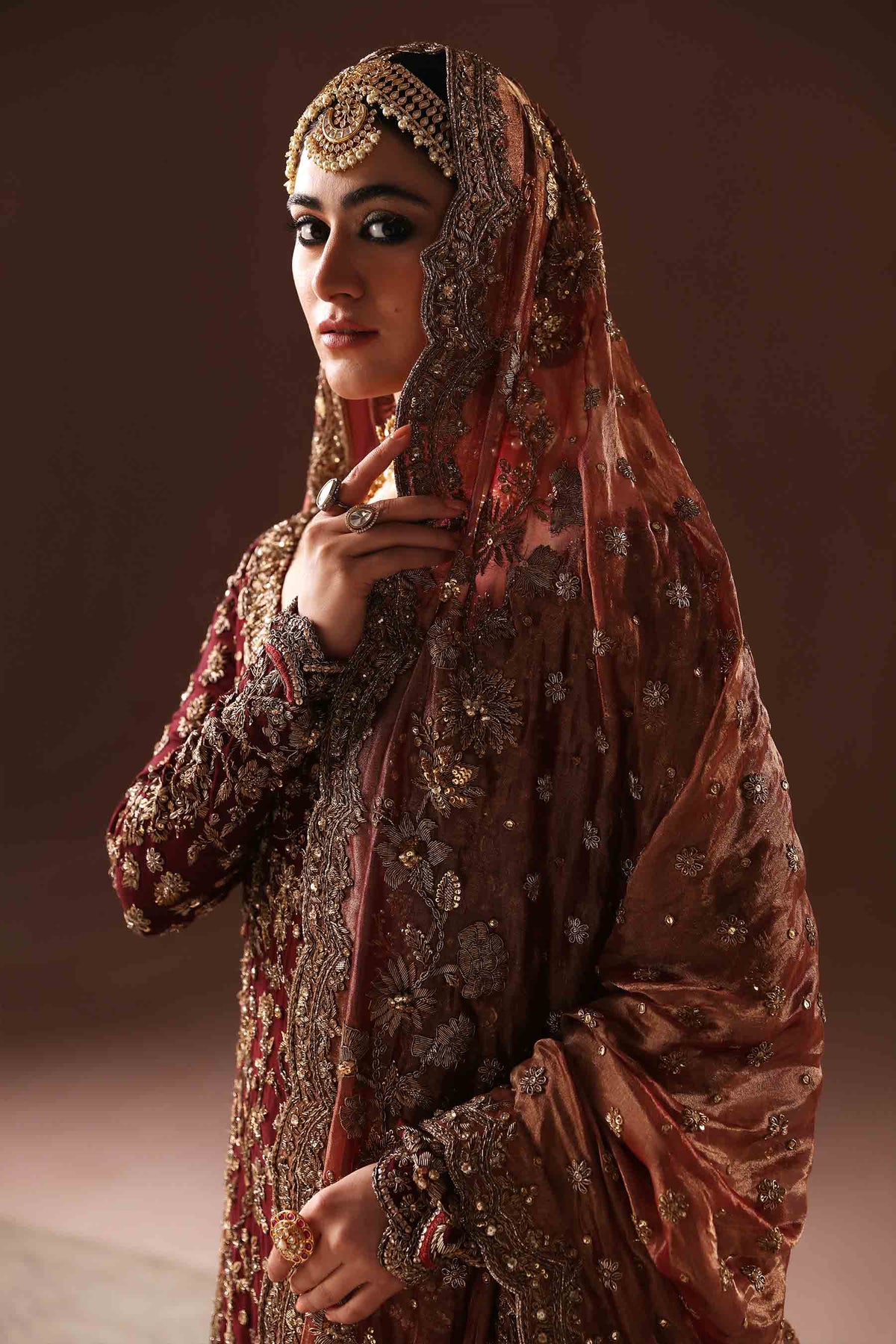 Pakistani Bridal Dress in Maroon Gold Farshi Gharara Set – Nameera by ...