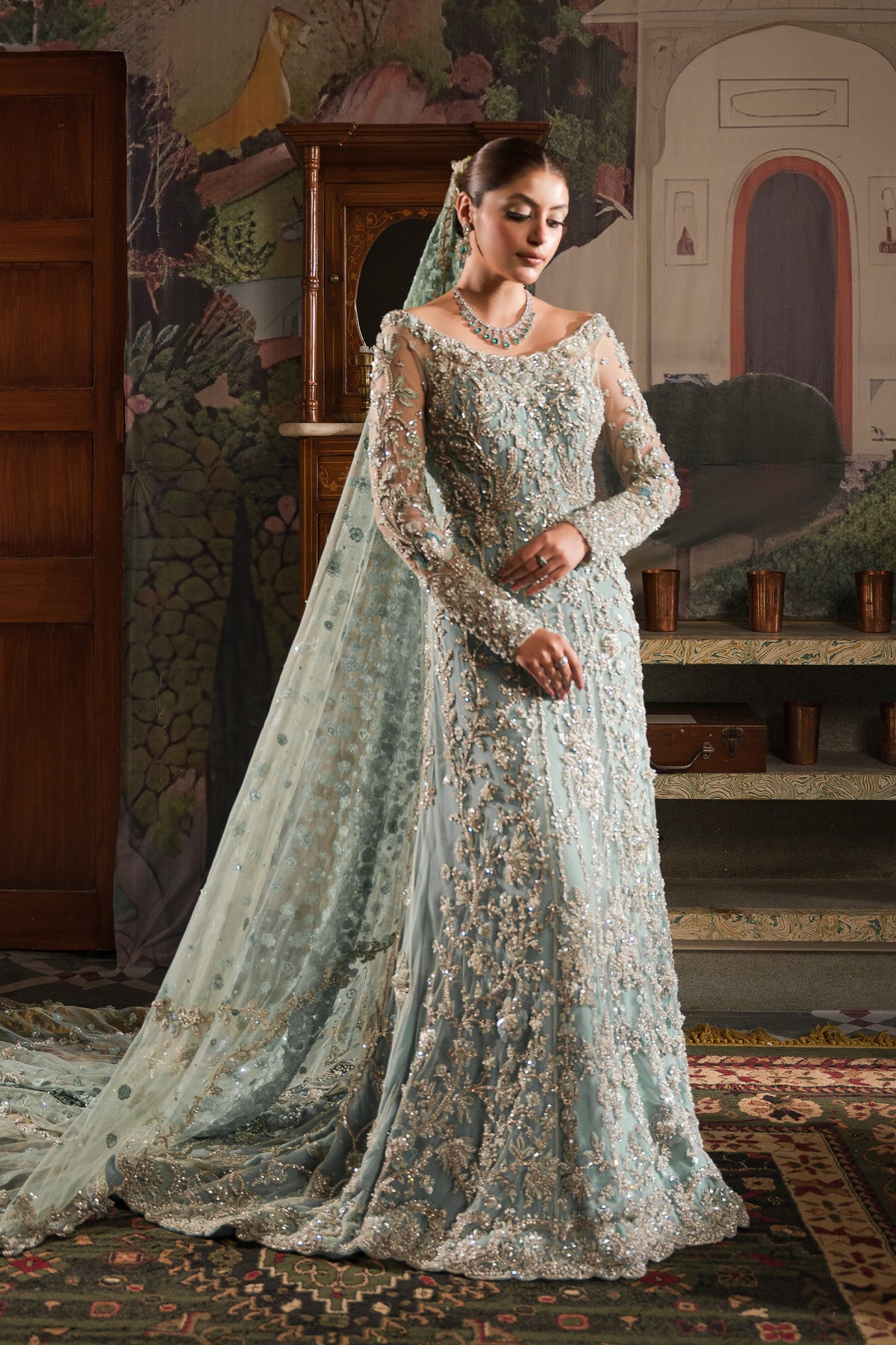 Pakistani Bridal Dress in Blue Bridal Gown Veil Style – Nameera by Farooq