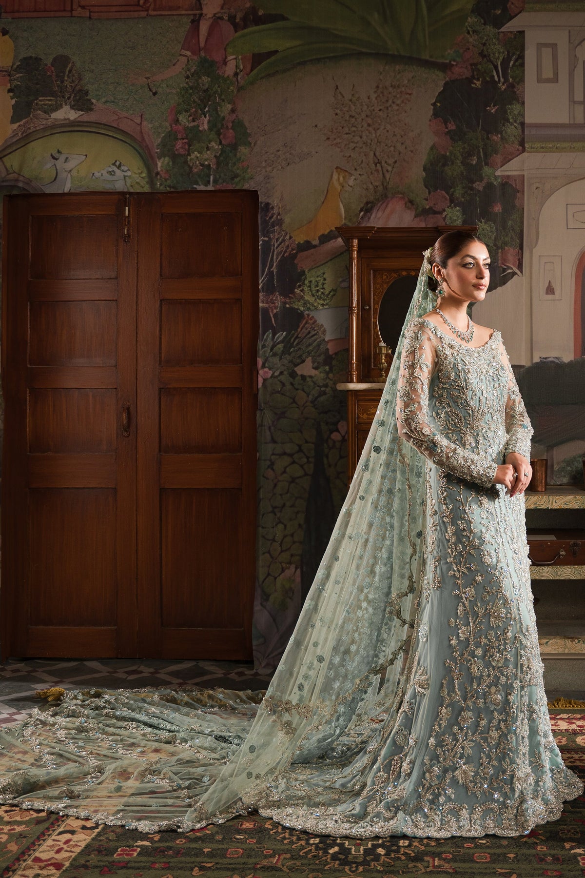 Pakistani Bridal Dress in Blue Bridal Gown Veil Style – Nameera by Farooq