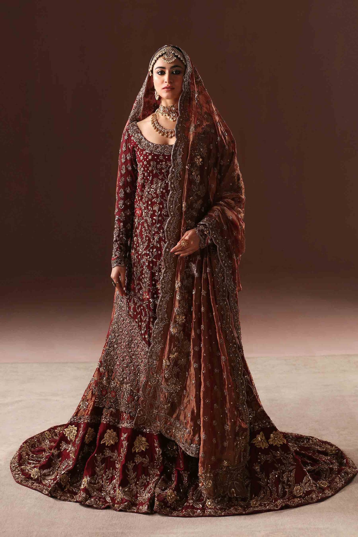 Pakistani Bridal Dress in Maroon Gold Farshi Gharara Set – Nameera by ...