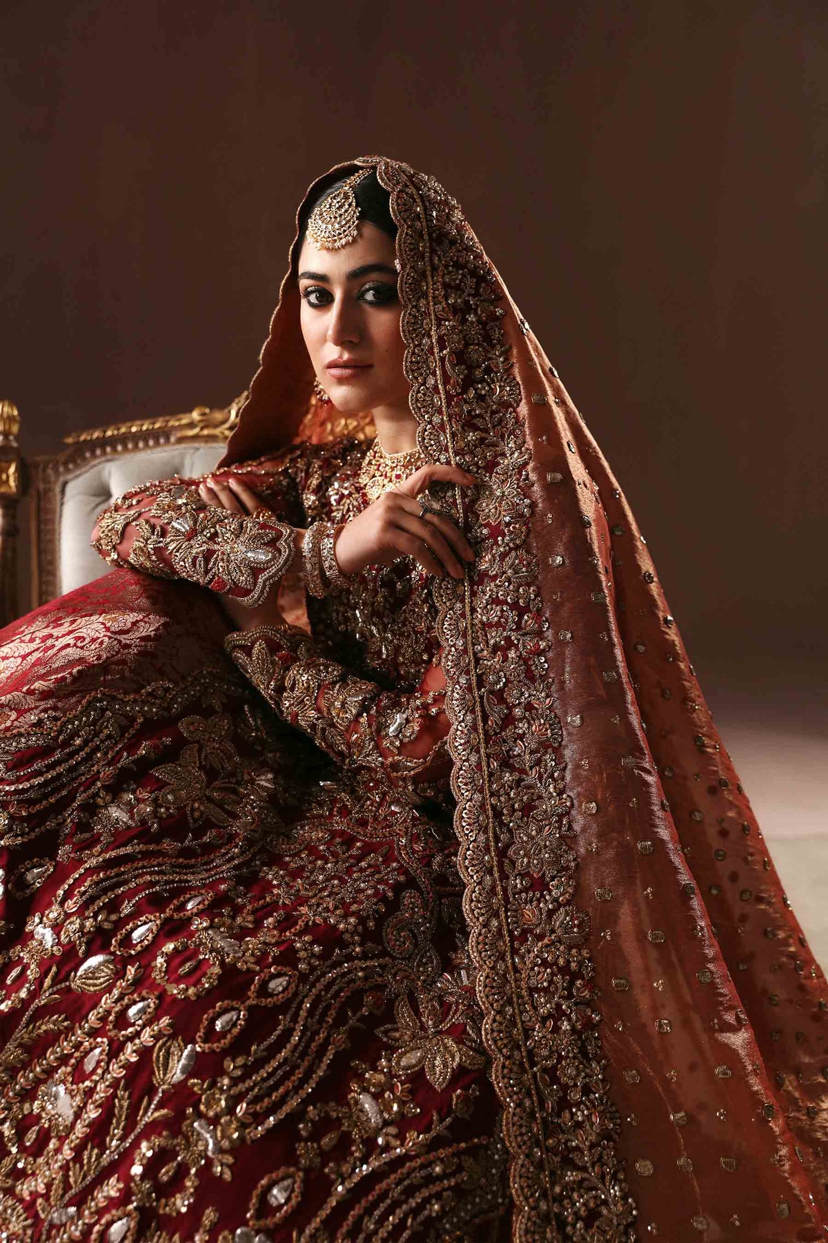Pakistani Bridal Dress in Maroon Gold Farshi Gharara Set – Nameera by ...