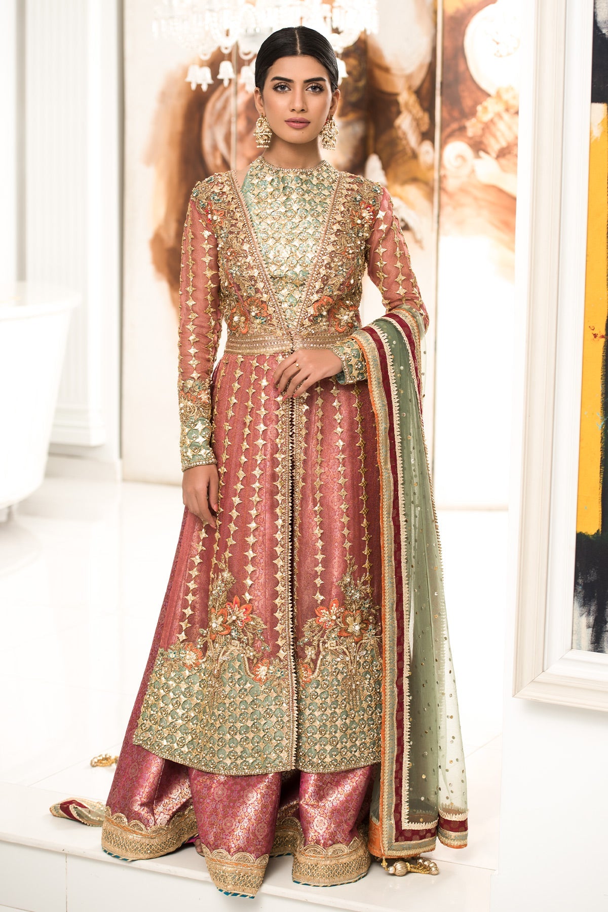 Pink Jamawar Sharara Frock Pakistani Wedding Dresses – Nameera by Farooq