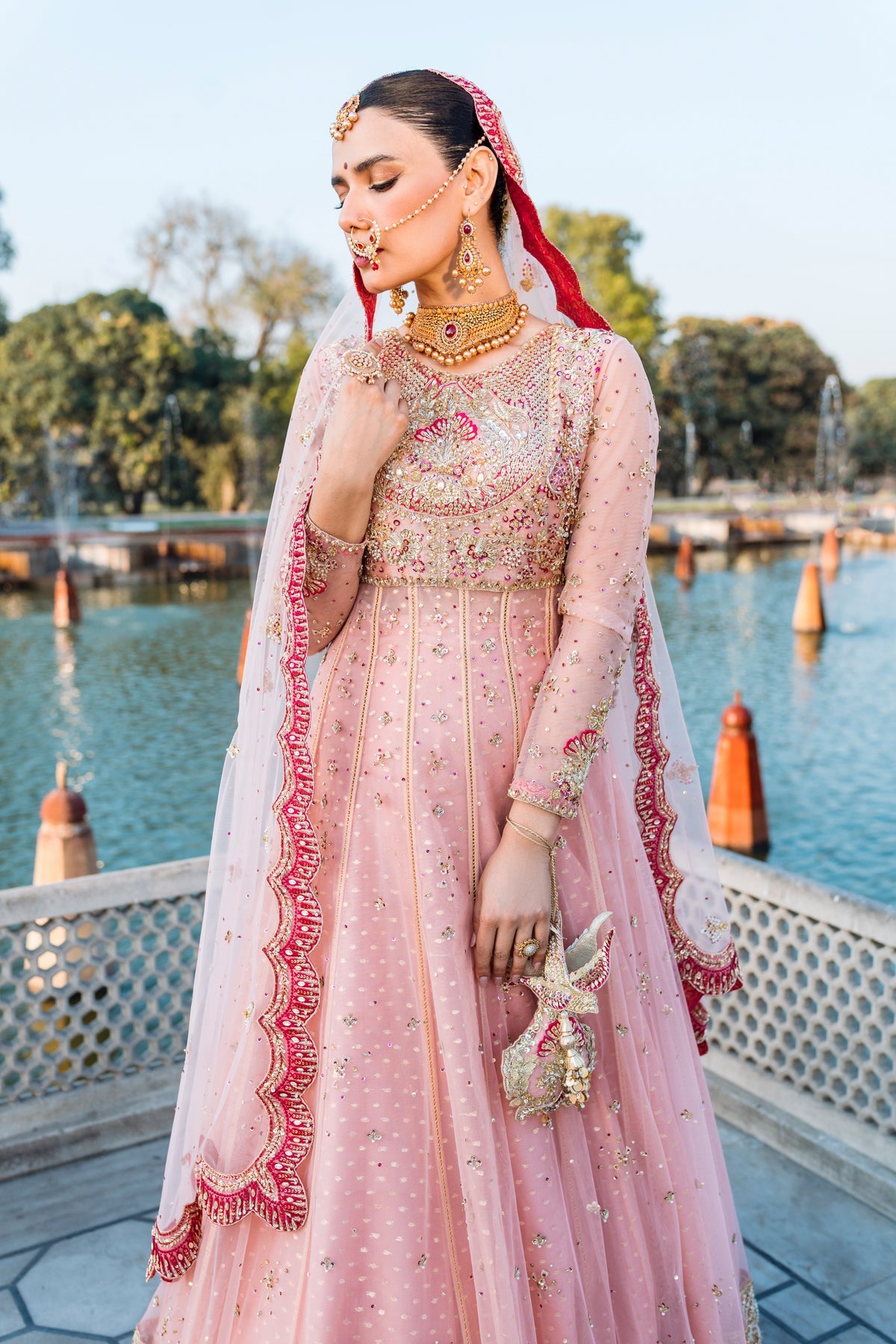 Pink Pakistani Bridal Dress in Frock and Lehenga Style – Nameera by Farooq