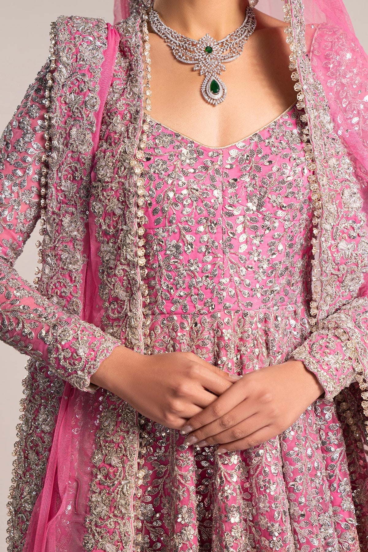 Pink Pakistani Bridal Dress in Pishwas Frock Style – Nameera by Farooq