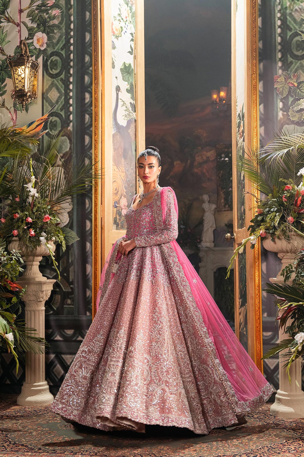 Pink Pakistani Bridal Dress in Pishwas Frock Style – Nameera by Farooq