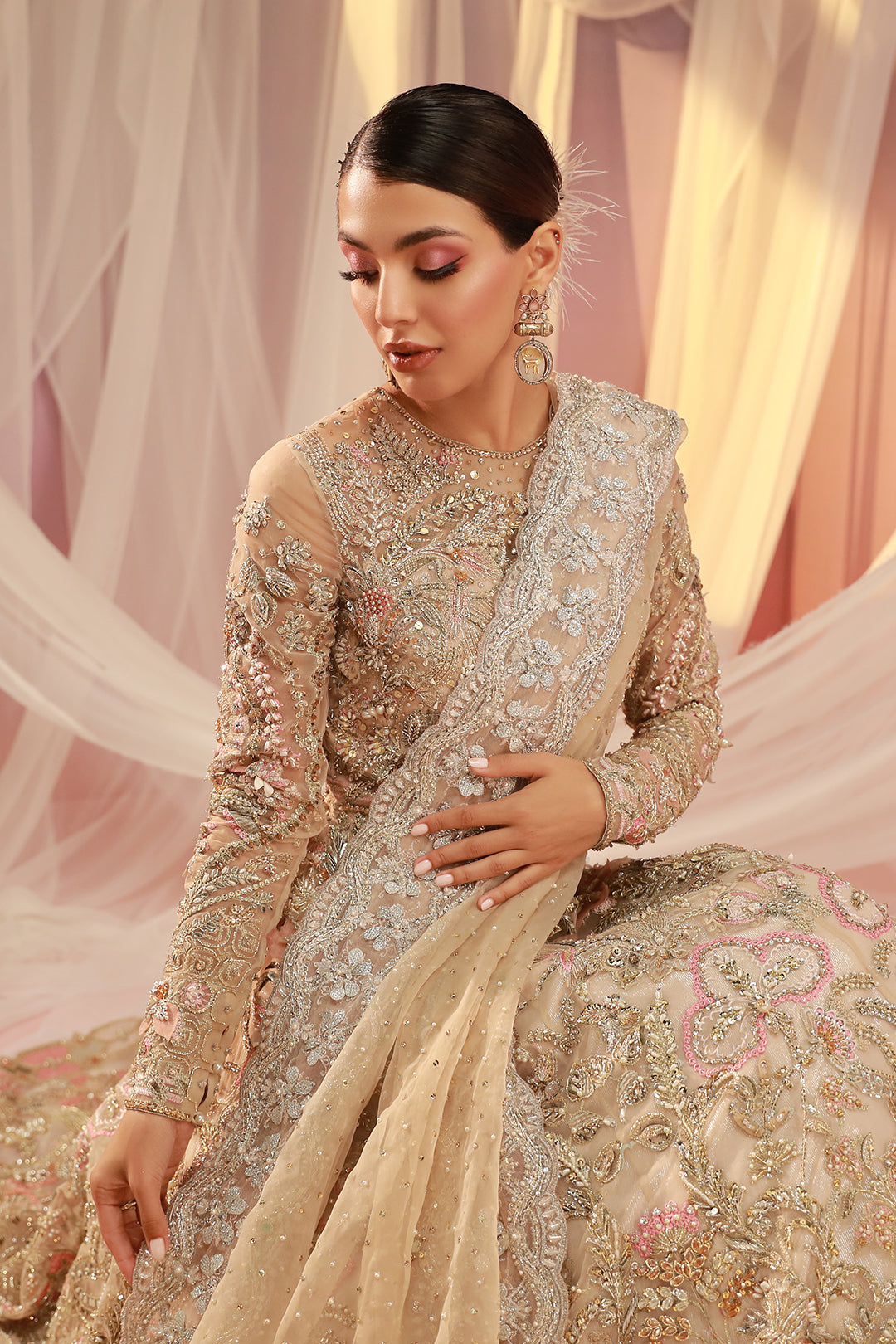 Pink Pakistani Bridal Outfit in Gown Lehenga Style – Nameera by Farooq