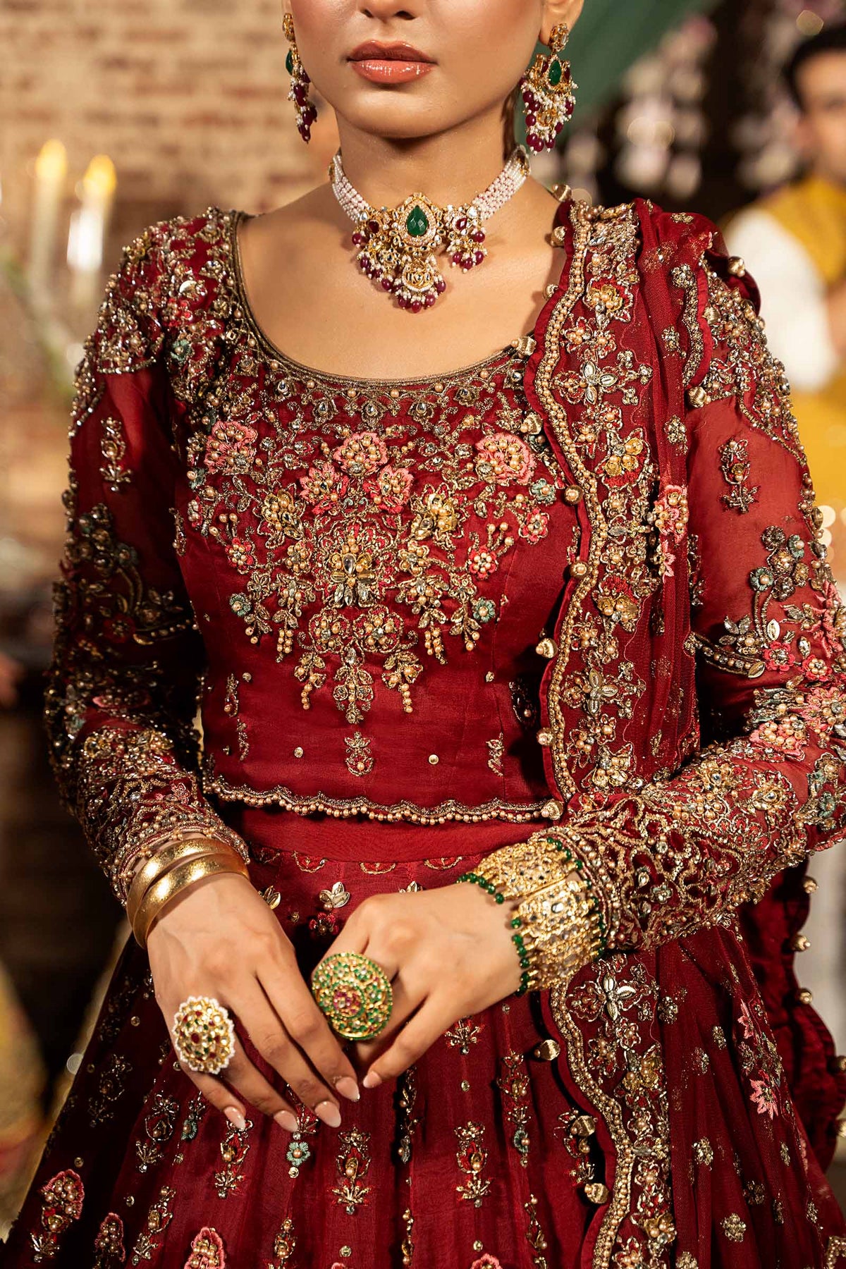 Deep Red Pakistani Bridal Outfit in Choli Lehenga Style – Nameera by Farooq
