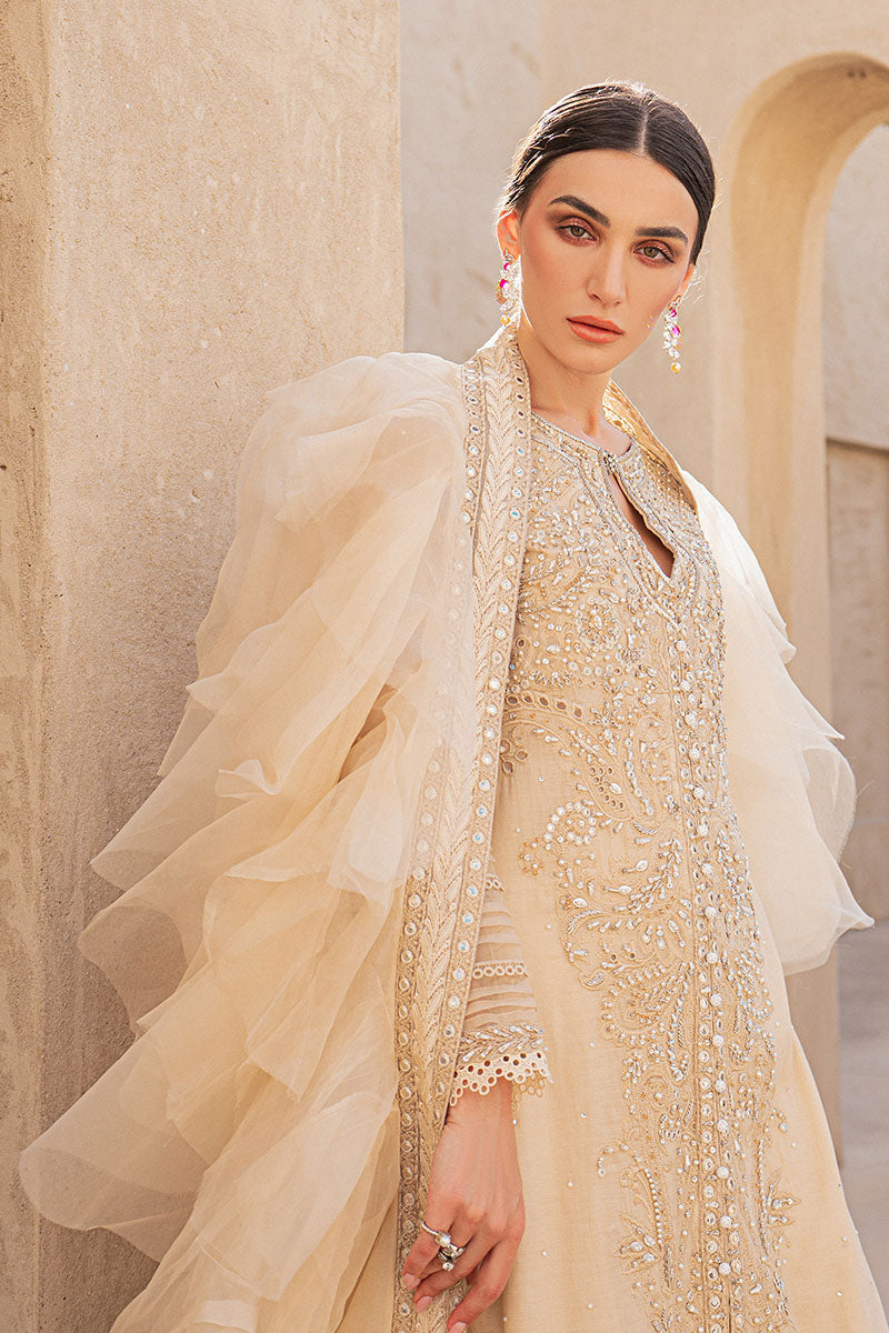 Gold Pakistani Kameez and Crushed Sharara with Dupatta – Nameera by Farooq