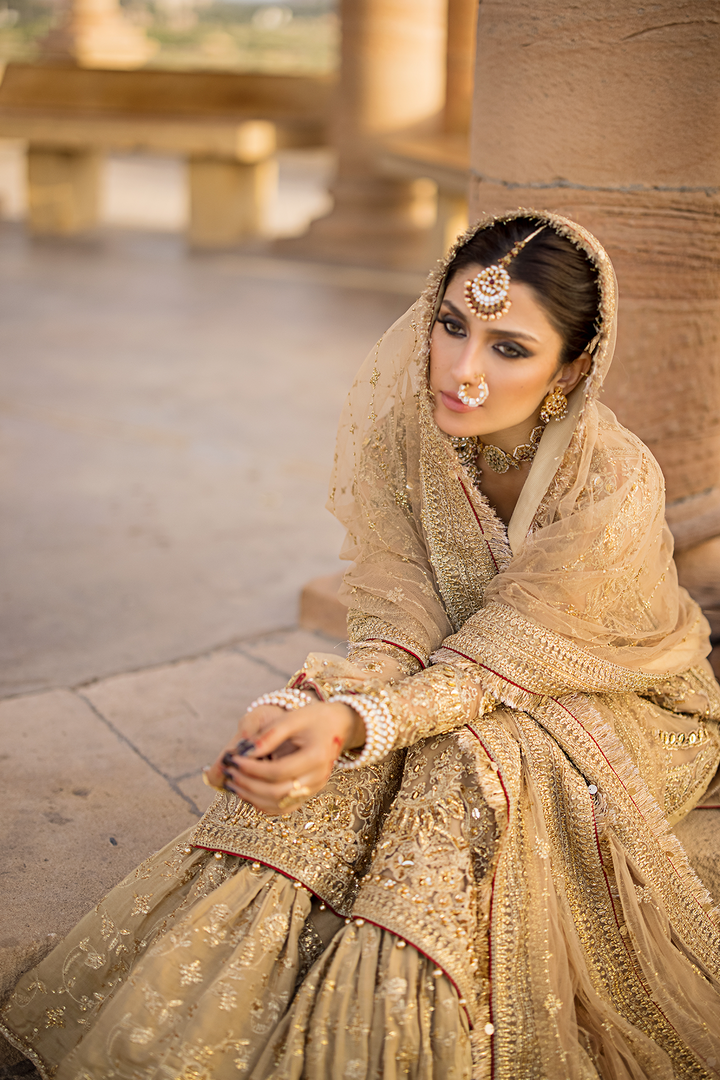 Golden Pakistani Bridal Dress in Gharara Kameez Style – Nameera by Farooq