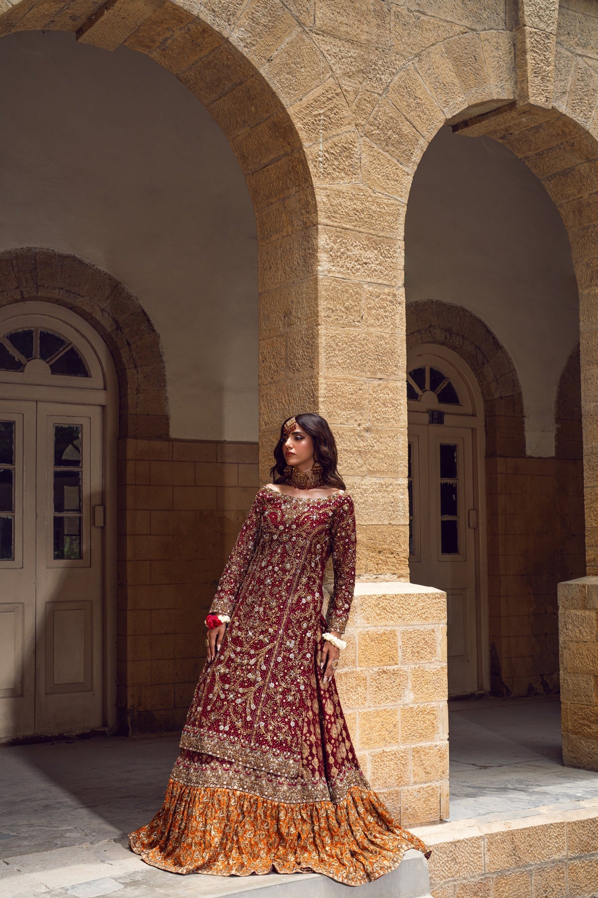 Pakistani Bridal Dress in Farshi Lehenga Kameez Style – Nameera by Farooq