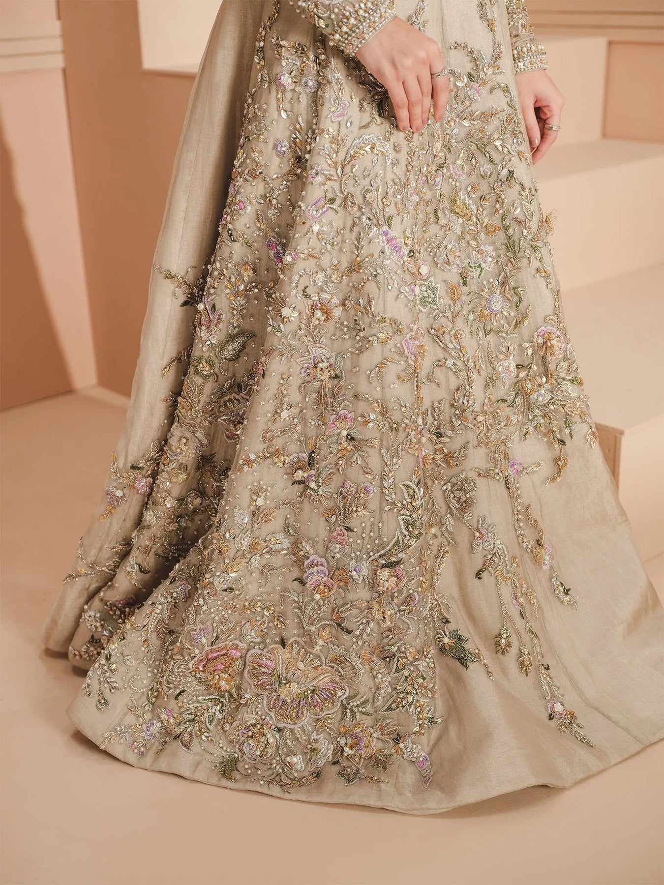 Pakistani Bridal Dress in Rose Gold Choli Lehenga Style – Nameera by Farooq