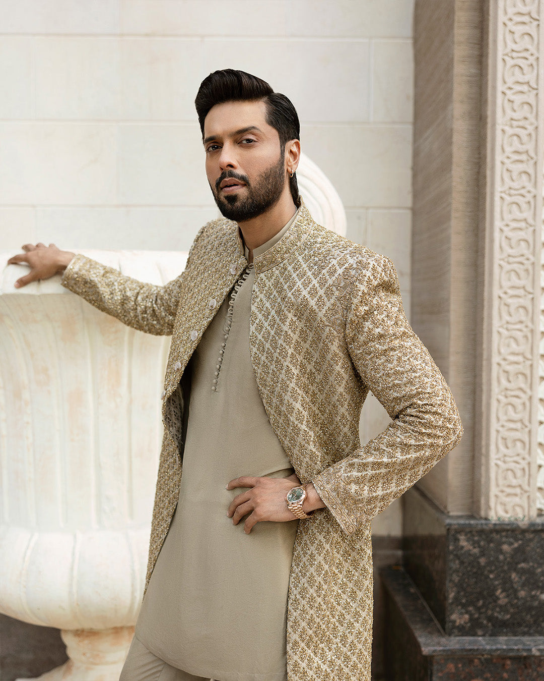 Pakistani Groom Dress in Gold Karandi Sherwani Style – Nameera by Farooq