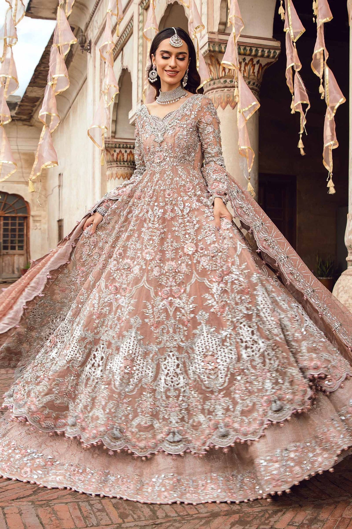 Pink Pakistani Bridal Dress in Frock and Lehenga Style – Nameera by Farooq
