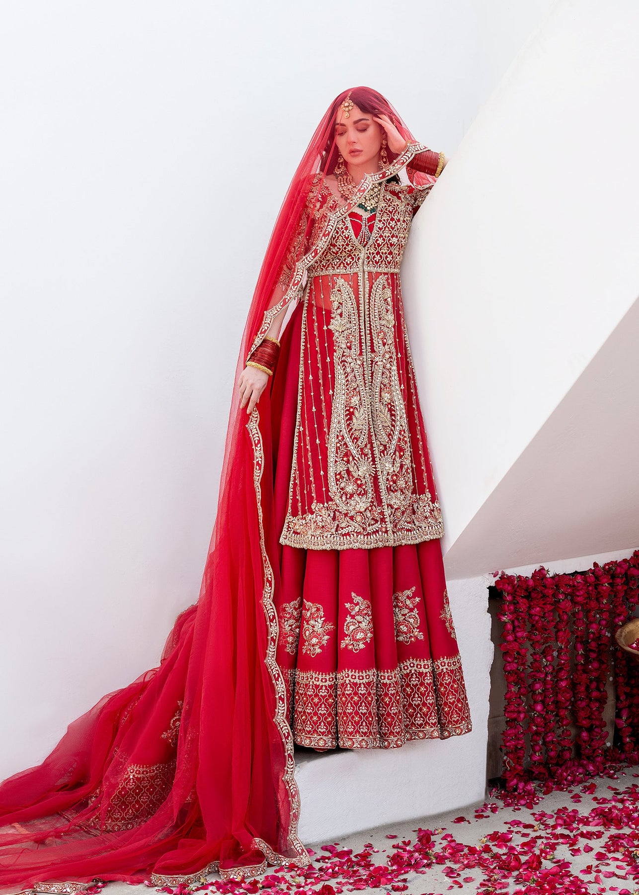 Red Pakistani Bridal Dress in Farshi Lehenga Style – Nameera by Farooq