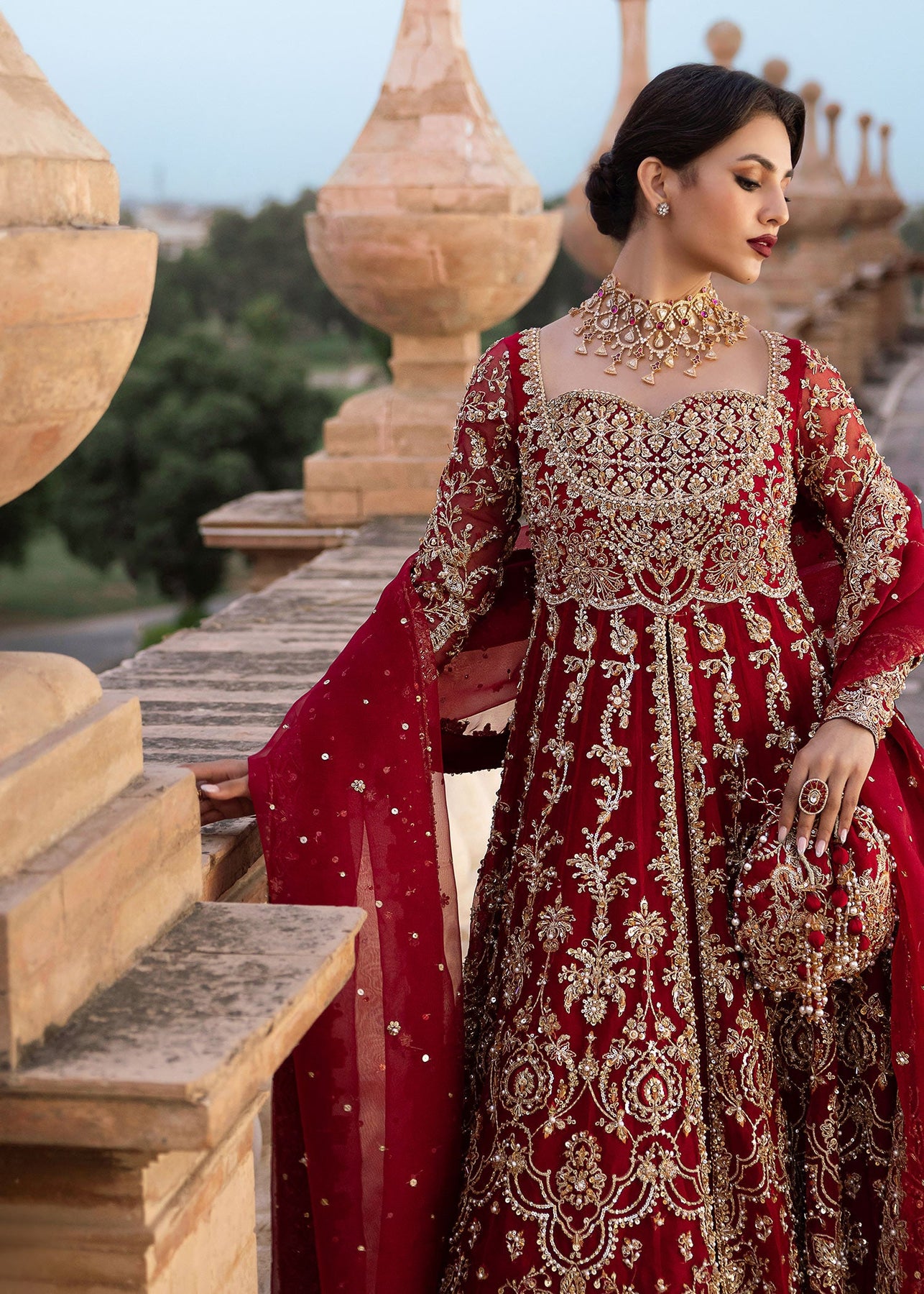 Red Pakistani Bridal Dress in Lehenga and Pishwas Style – Nameera by Farooq