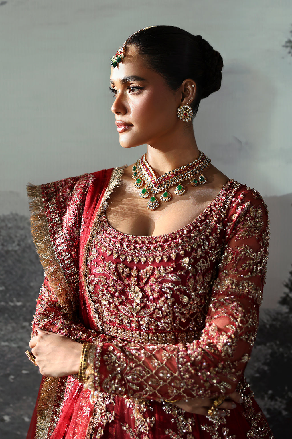 Red Pakistani Bridal Dress in Peshwas and Lehenga Style – Nameera by Farooq