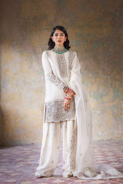 White Raw Silk Salwar Kameez Pakistani Party Dresses – Nameera by Farooq