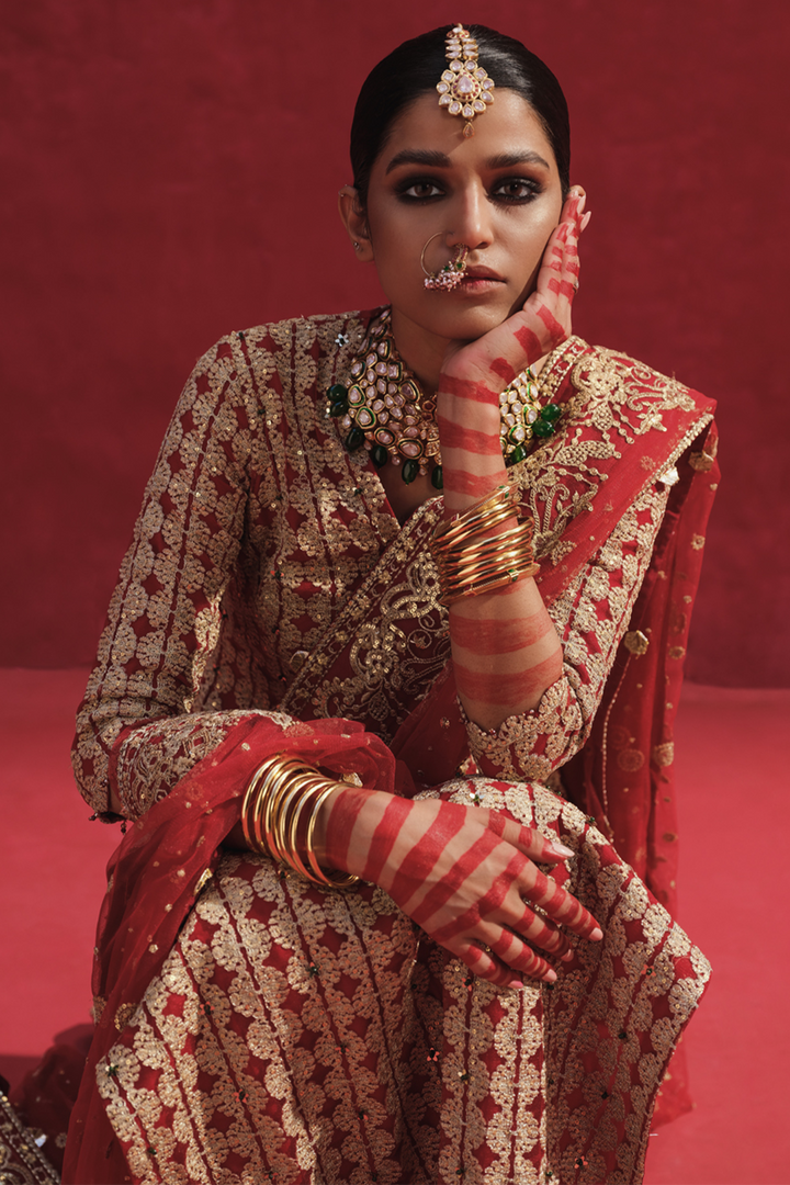 Raw Net Red Kameez Sharara Pakistani Wedding Dresses – Nameera by Farooq