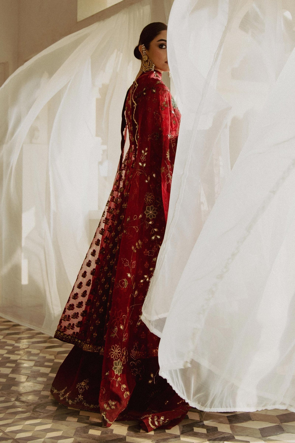 Red Lehenga and Pishwas Frock Pakistani Wedding Dress – Nameera by Farooq