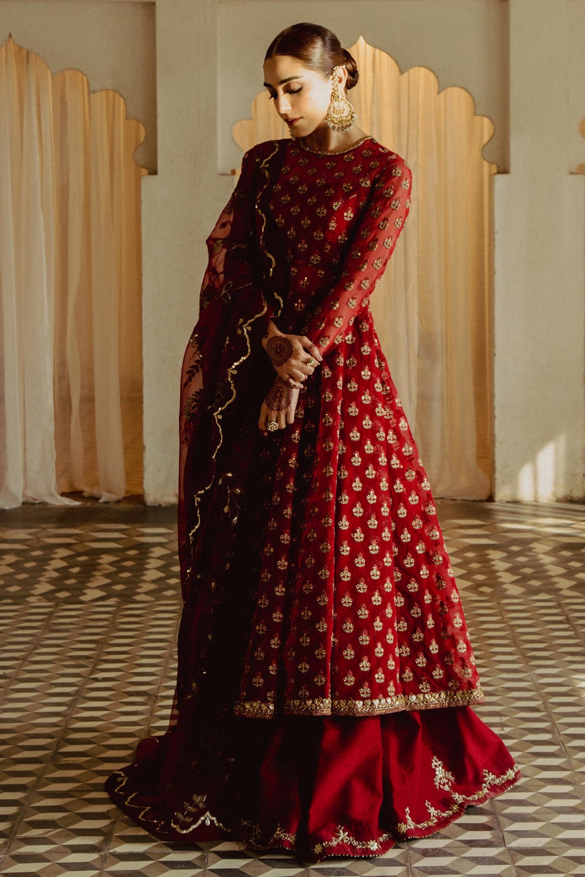 Red Lehenga and Pishwas Frock Pakistani Wedding Dress – Nameera by Farooq