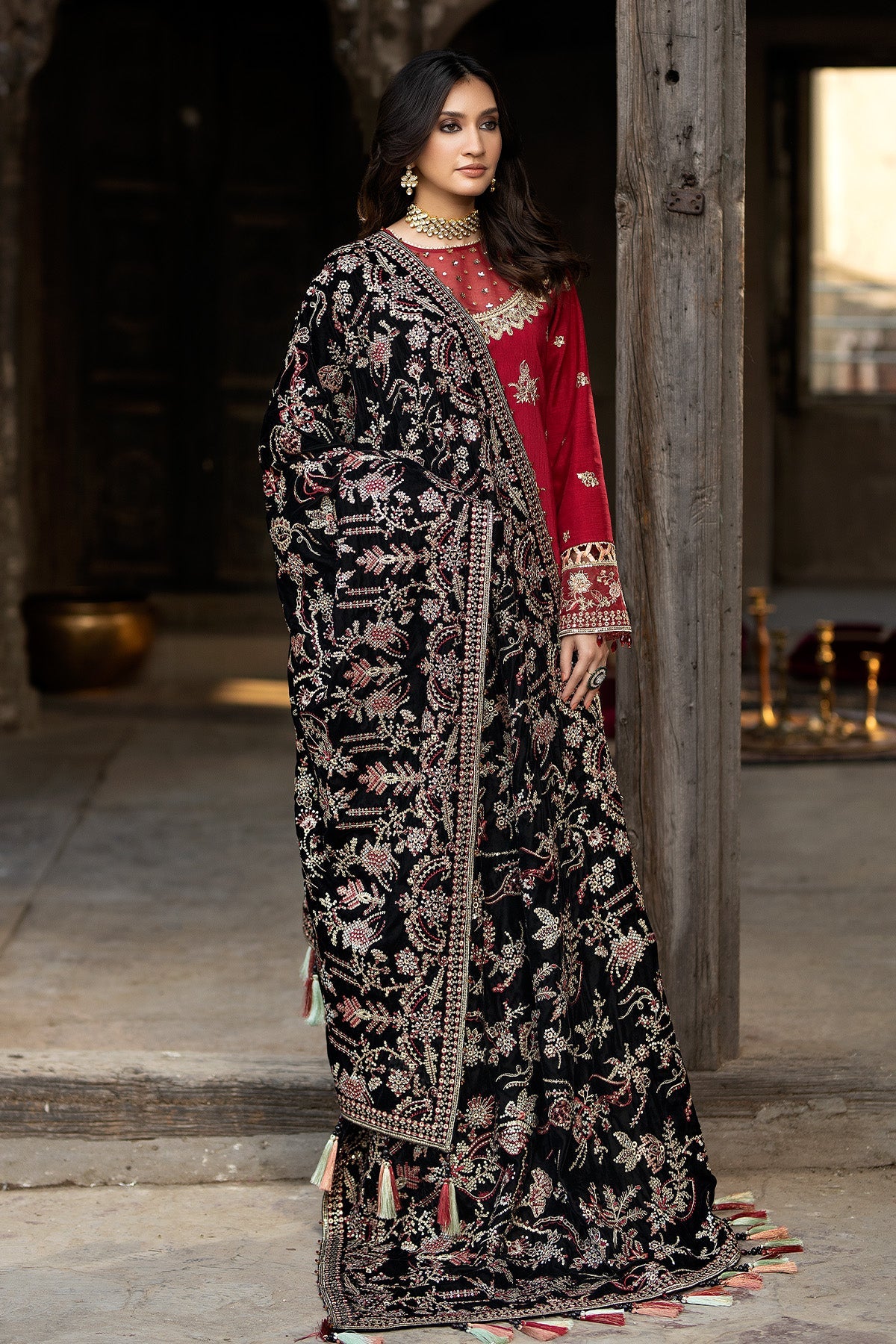 Red Luxury Velvet Black Shawl Pakistani Wedding Dress – Nameera by Farooq