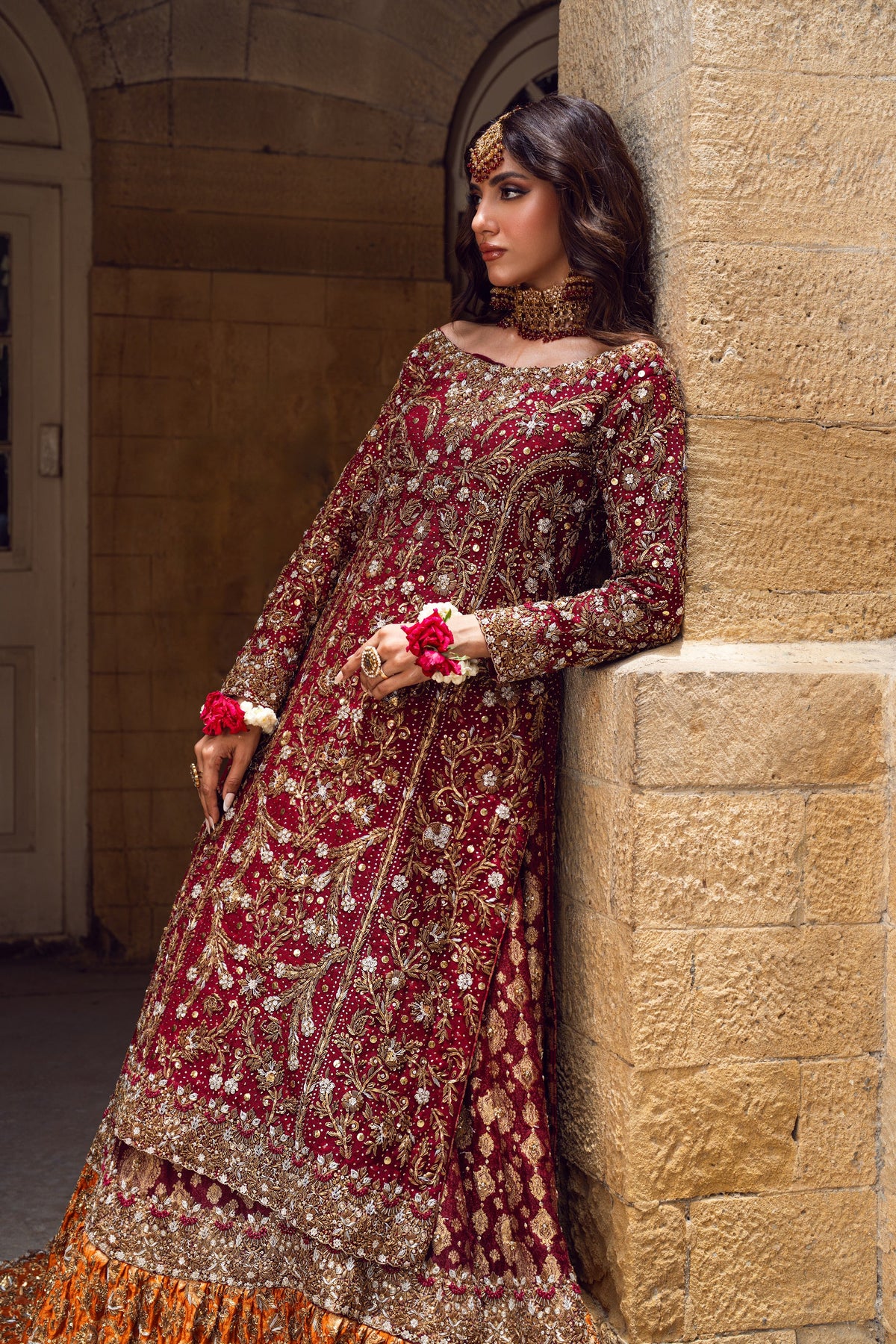 Pakistani Bridal Dress in Farshi Lehenga Kameez Style – Nameera by Farooq