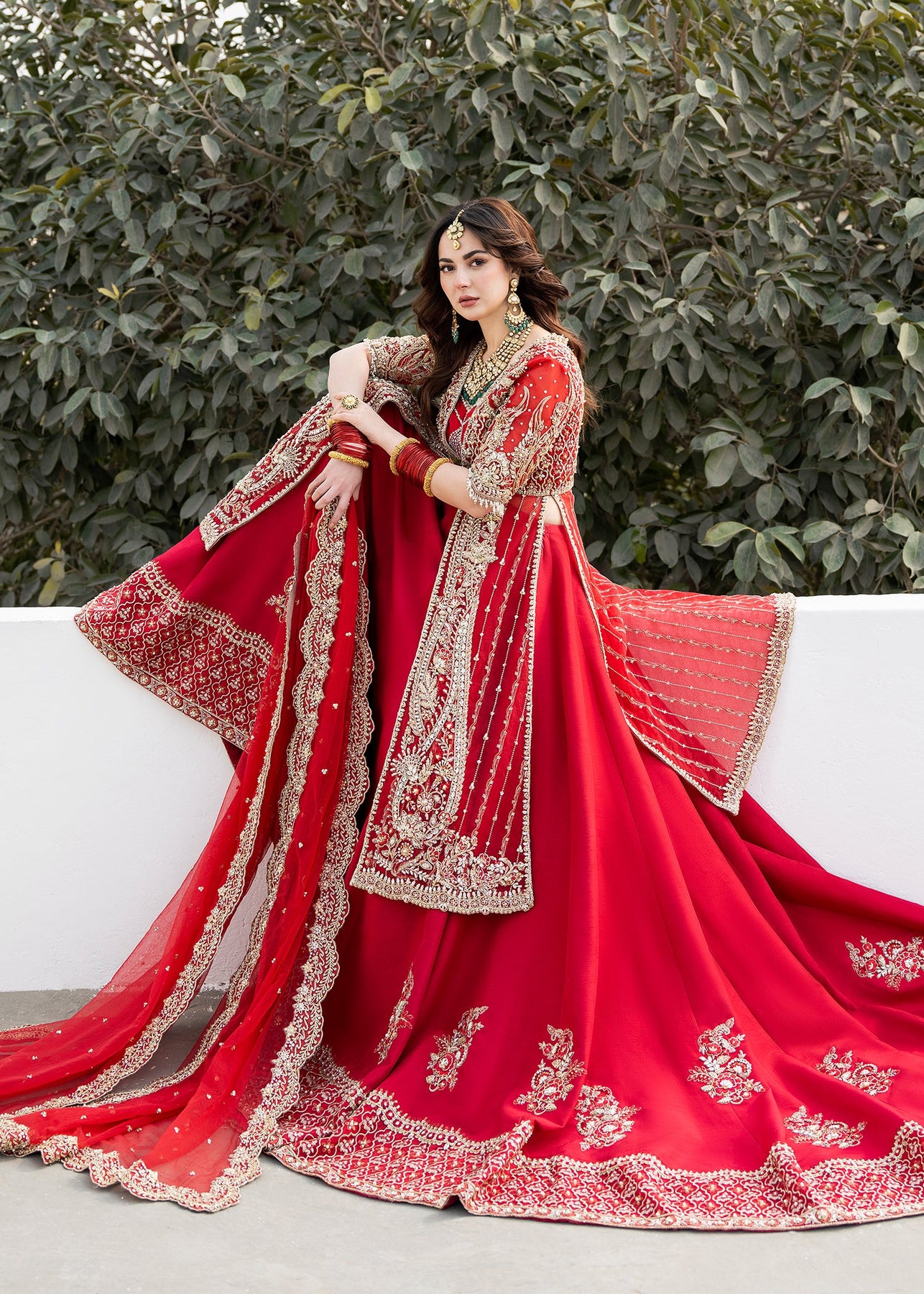Red Pakistani Bridal Dress in Farshi Lehenga Style – Nameera by Farooq