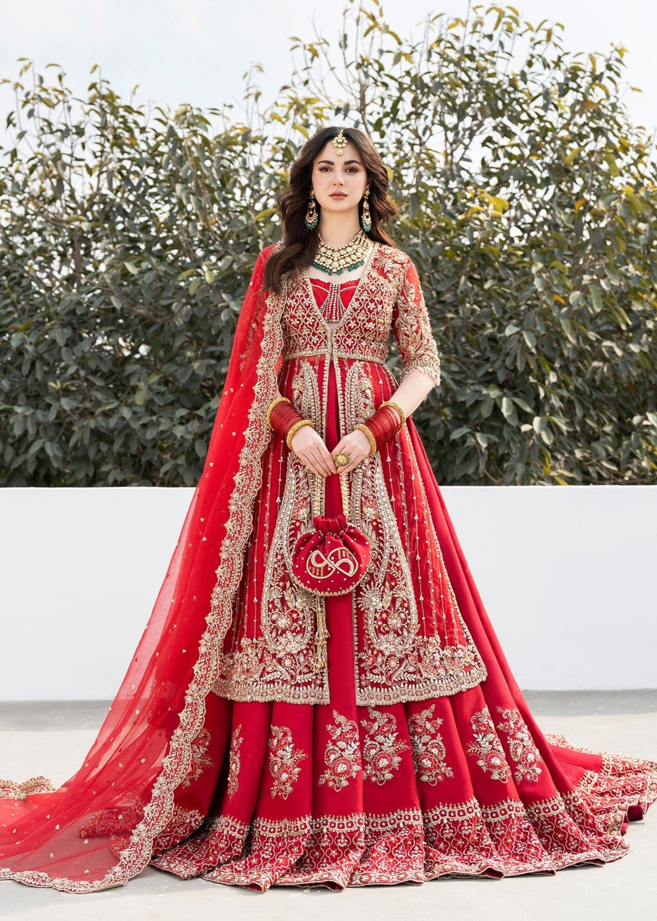 Red Pakistani Bridal Dress in Farshi Lehenga Style – Nameera by Farooq
