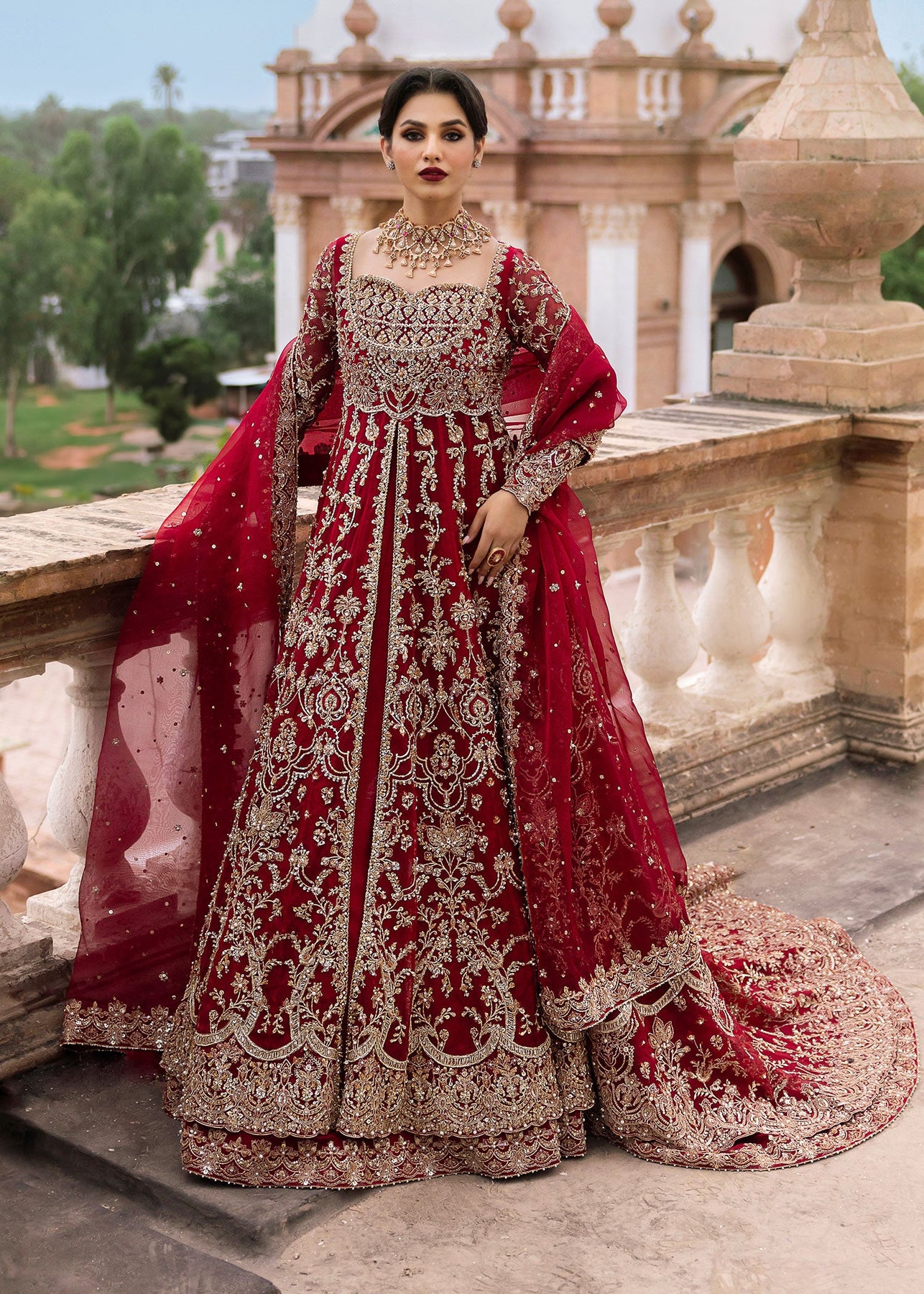 Red Pakistani Bridal Dress in Lehenga and Pishwas Style – Nameera by Farooq